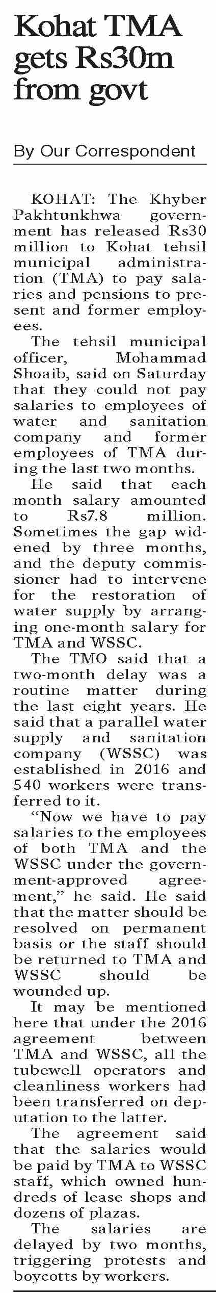 Dawn-ePaper | Mar 30, 2025 | Kohat TMA gets Rs30m from govt