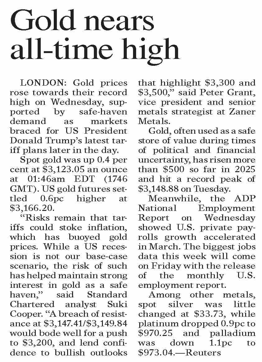Dawn-ePaper | Apr 03, 2025 | Gold nears all-time high