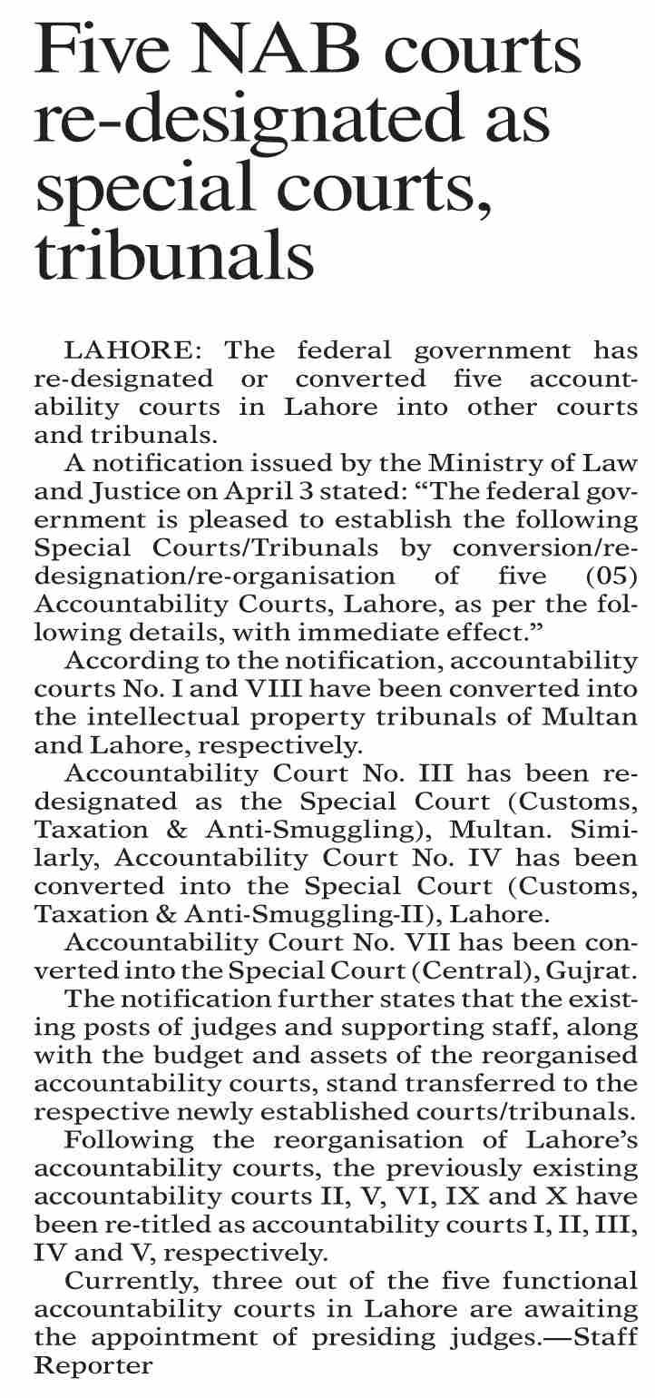 Dawn-ePaper | Apr 06, 2025 | Five NAB courts re-designated as special ...