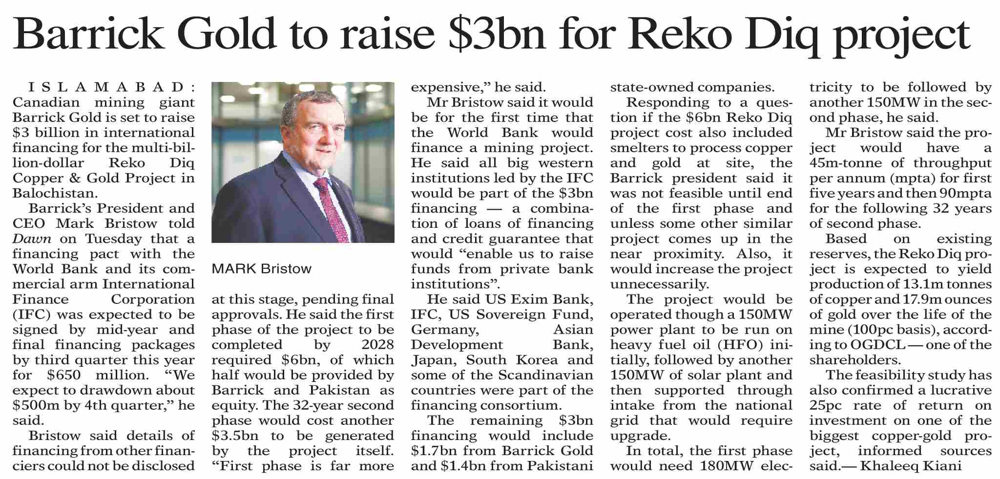 Dawn-ePaper | Apr 09, 2025 | Barrick Gold to raise $3bn for Reko Diq ...