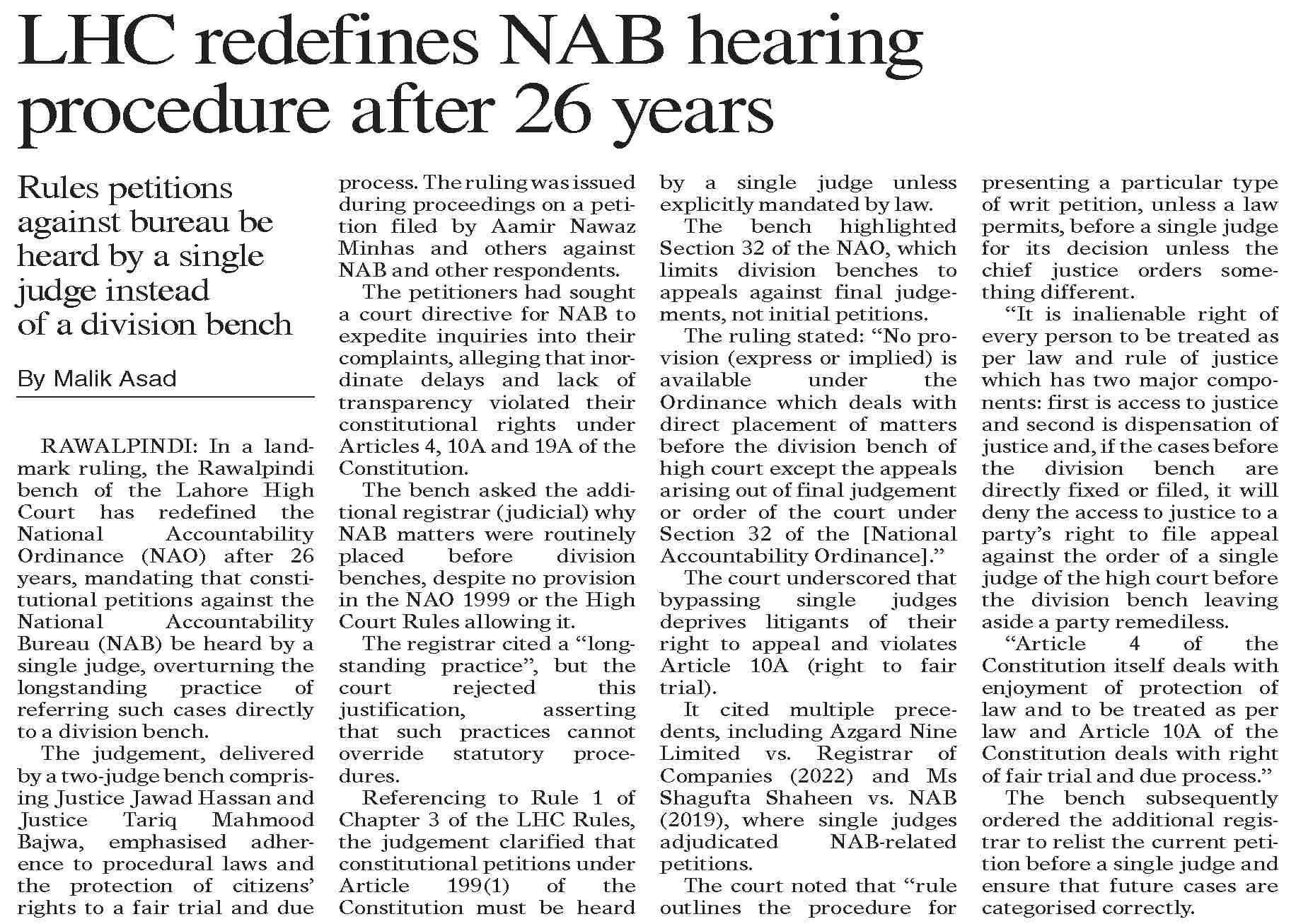 Dawn-ePaper | Apr 12, 2025 | LHC redefines NAB hearing procedure after 26 years