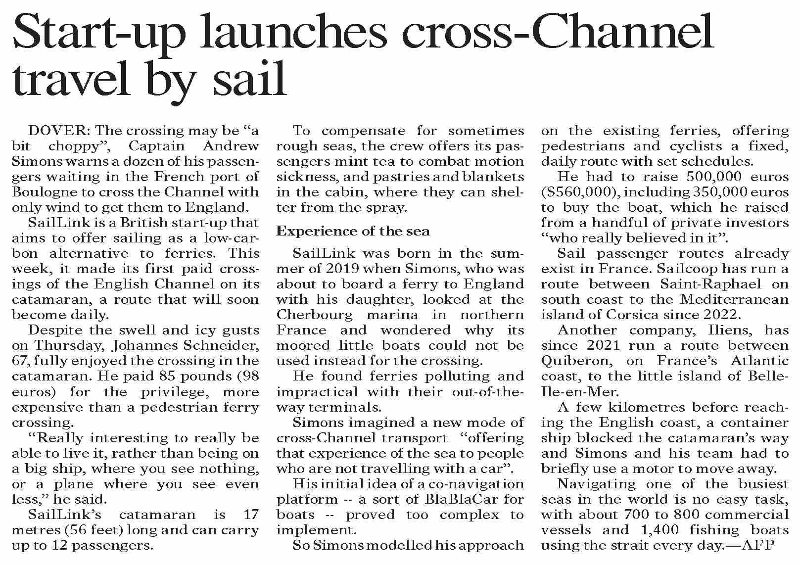 Dawn-ePaper | Apr 13, 2025 | Start-up launches cross-Channel travel by sail