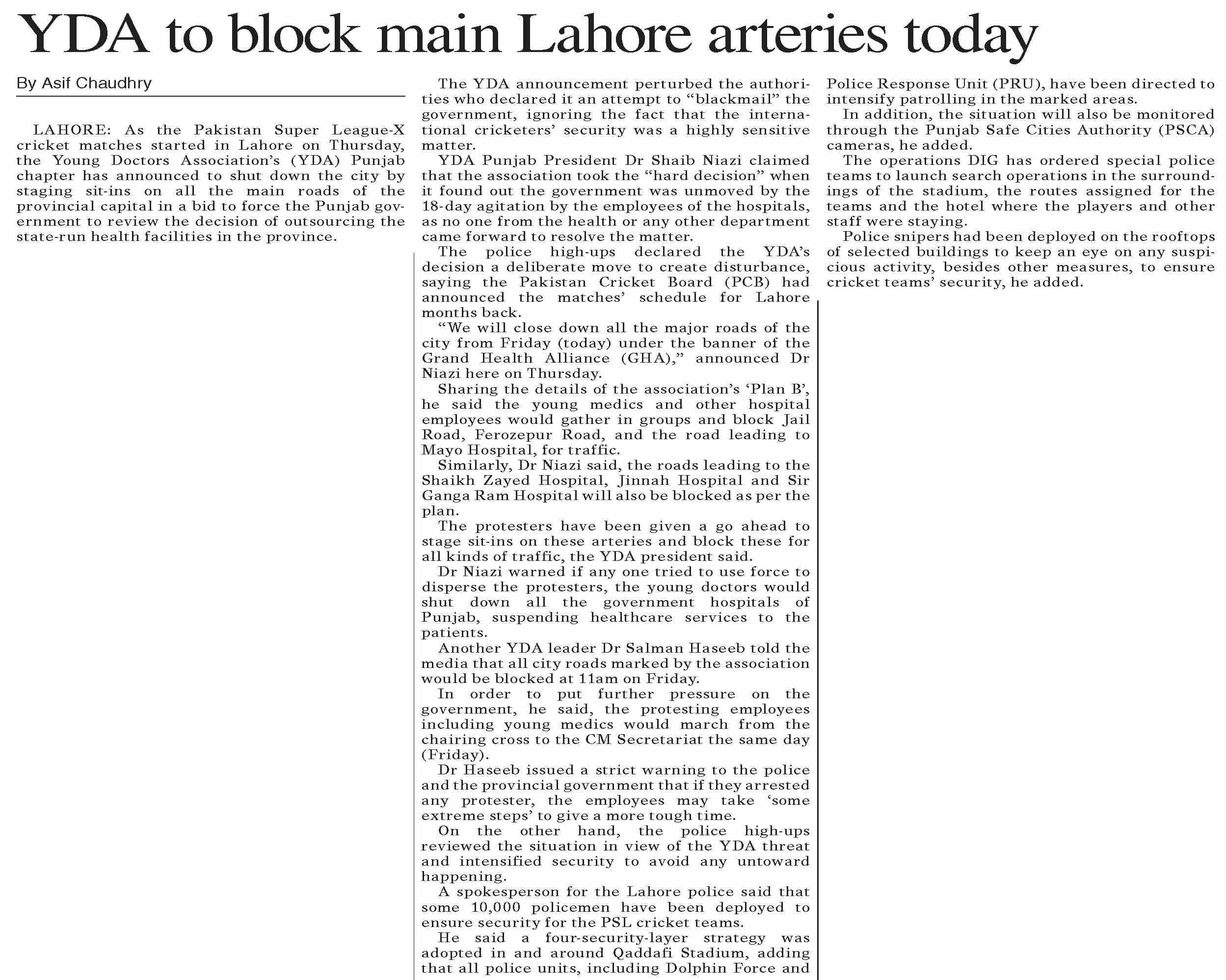Dawn-ePaper | Apr 25, 2025 | YDA to block main Lahore arteries today
