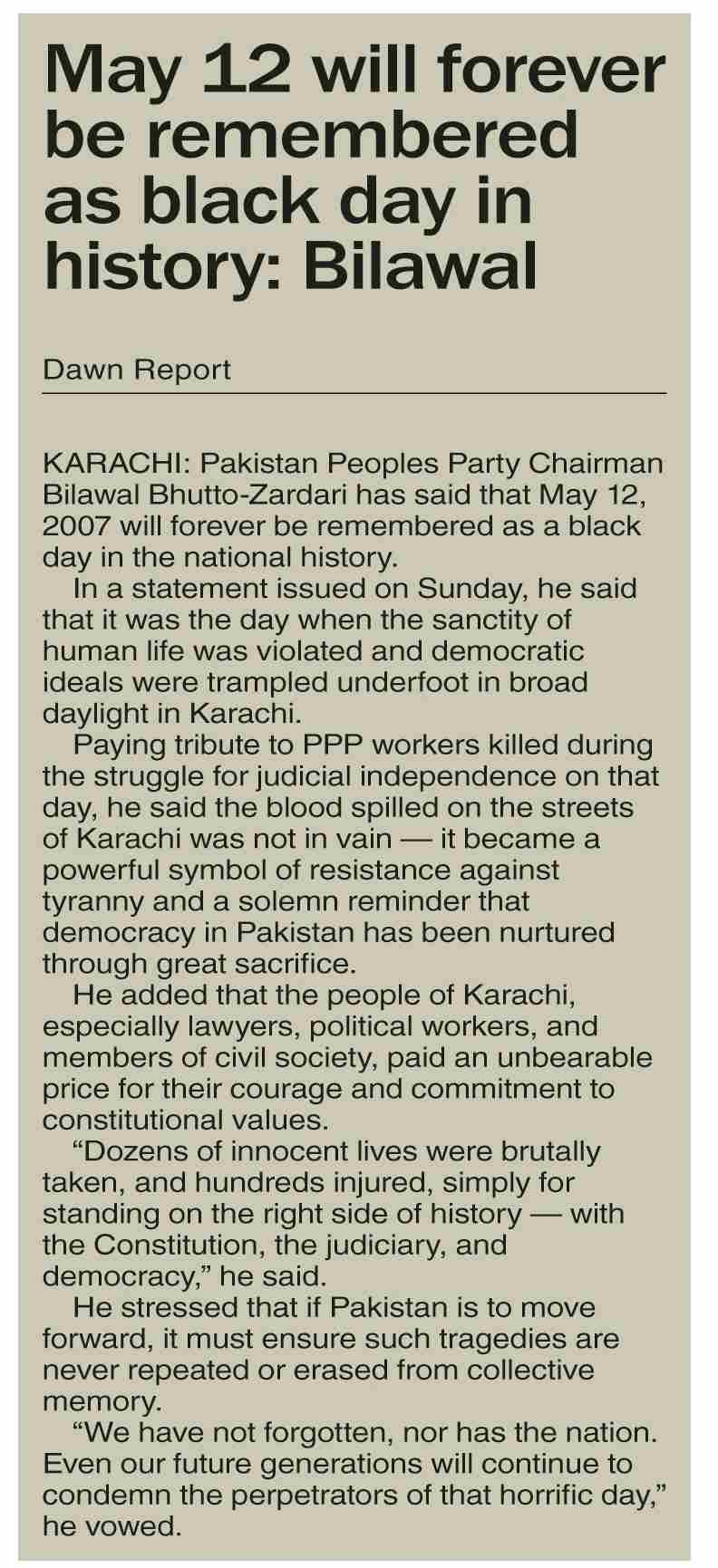 Dawn-ePaper | May 12, 2025 | May 12 will forever be remembered as black day in history: Bilawal