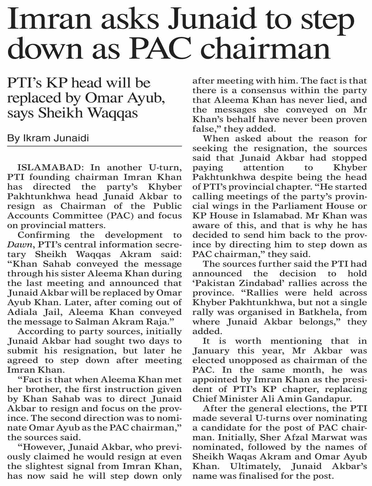 Dawn-ePaper | May 13, 2025 | Imran asks Junaid to step down as PAC chairman