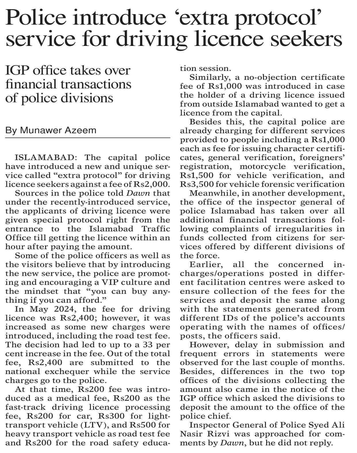 Dawn-ePaper | May 19, 2025 | Police introduce `extra protocol` service ...