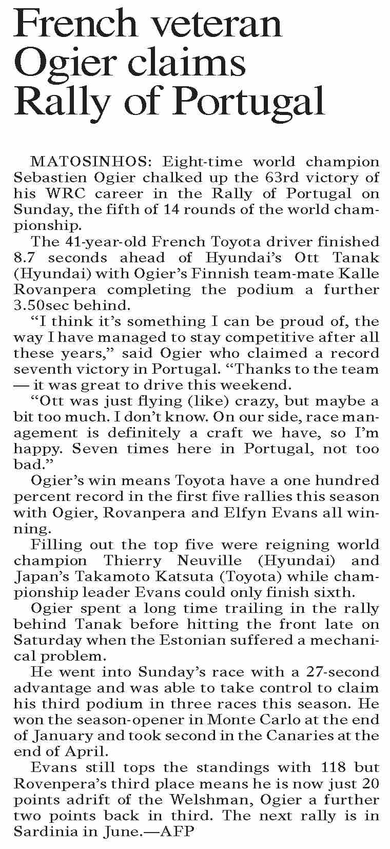 Dawn-ePaper | May 19, 2025 | French veteran Ogier claims Rally of Portugal