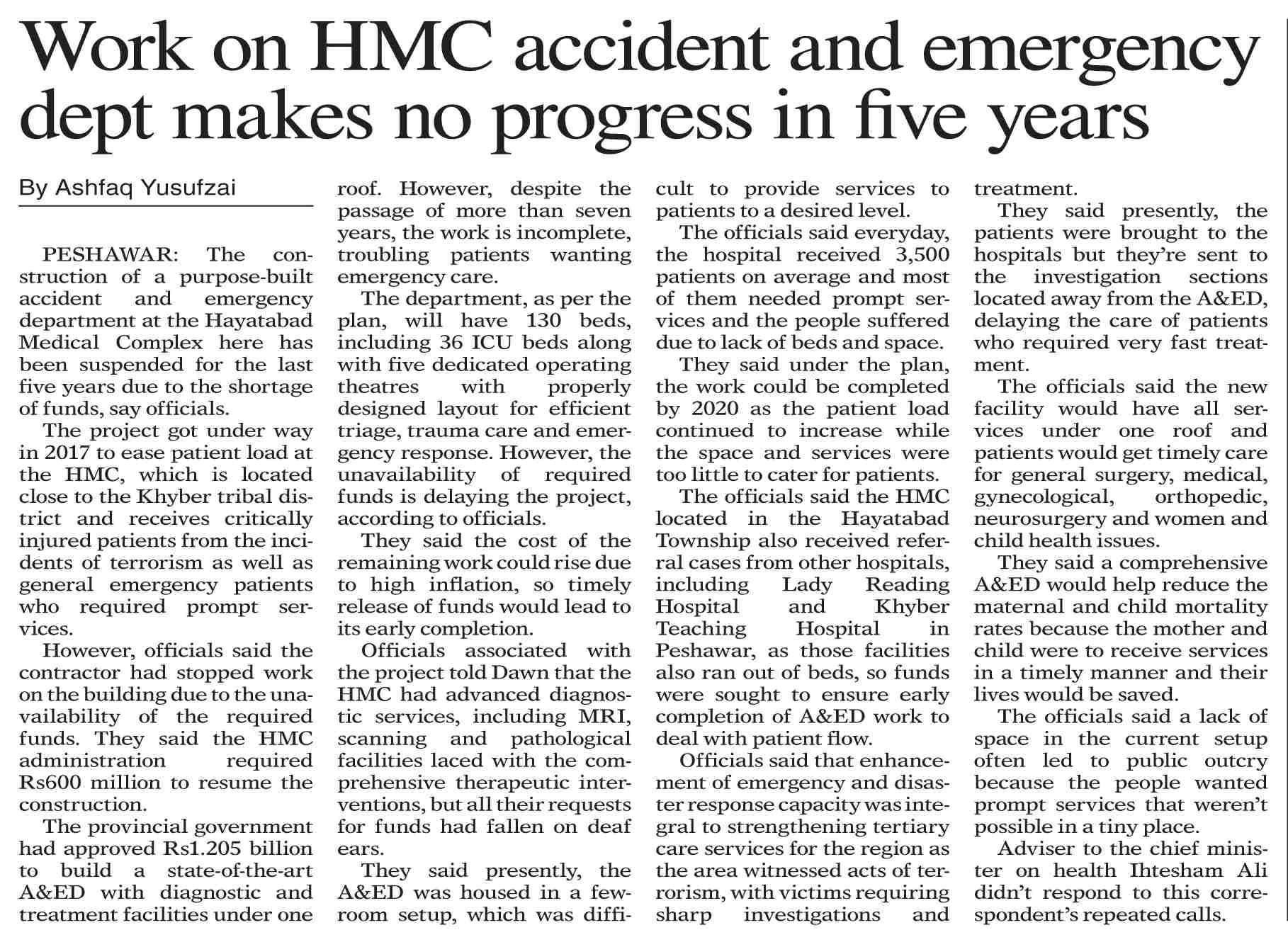 Dawn-ePaper | May 25, 2025 | Work on HMC accident and emergency dept ...