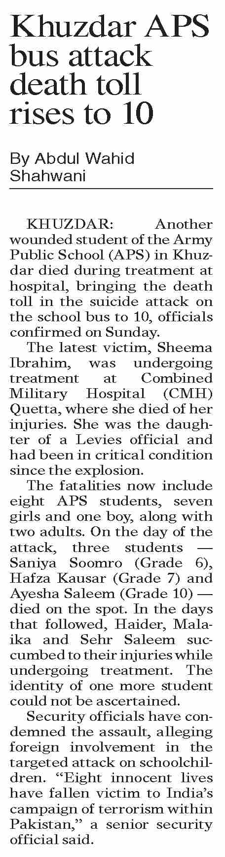 Dawn-ePaper | May 26, 2025 | Khuzdar APS bus attack death toll rises to 10