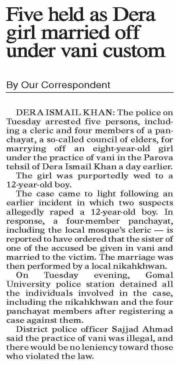 Dawn-ePaper | May 28, 2025 | Five held as Dera girl married off under ...