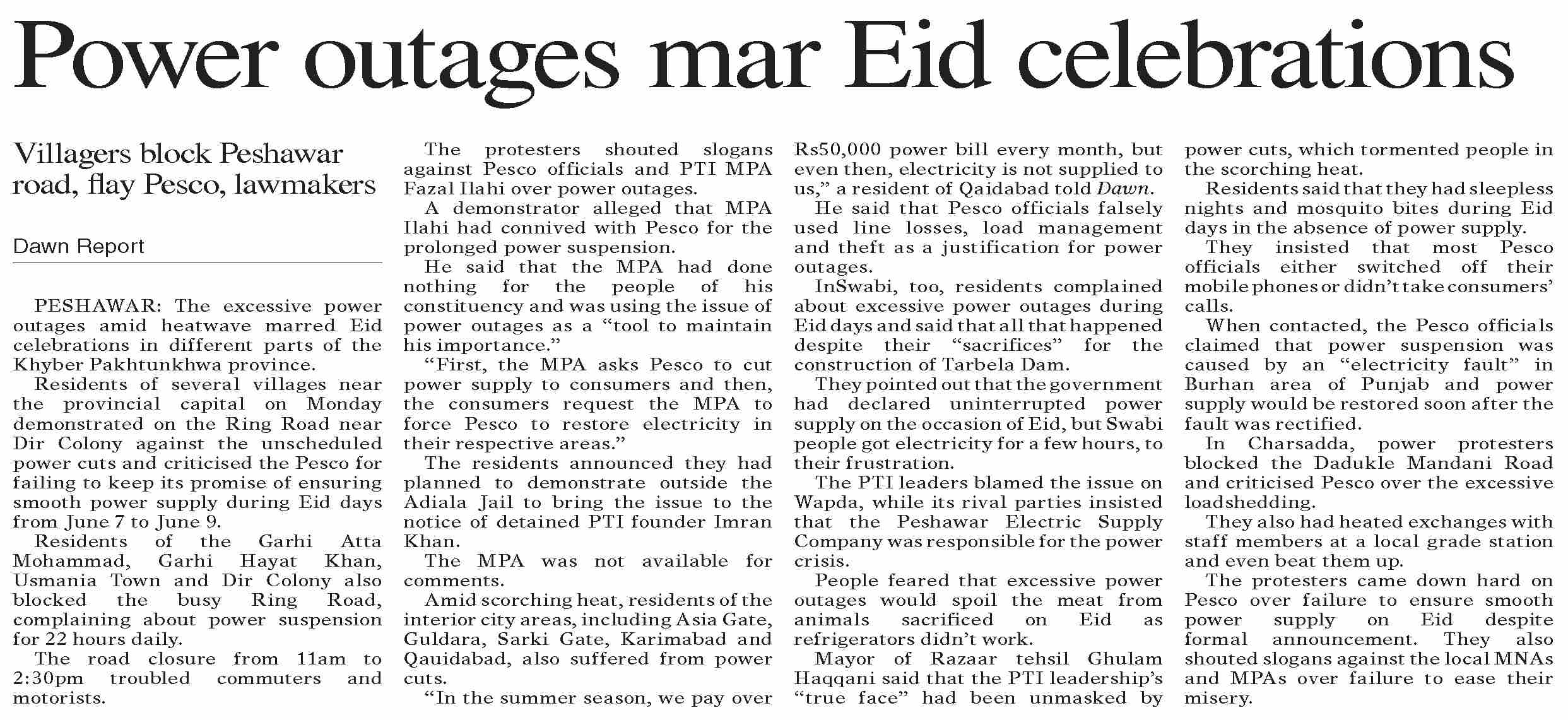 Dawn-ePaper | Jun 10, 2025 | Power outages mar Eid celebrations