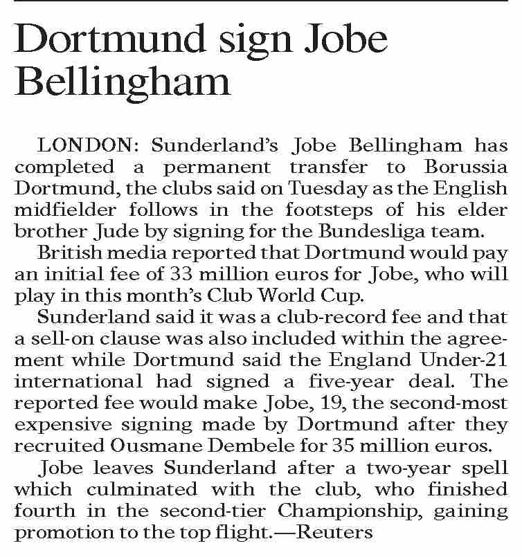 Dawn-ePaper | Jun 11, 2025 | Dortmund sign Jobe Bellingham
