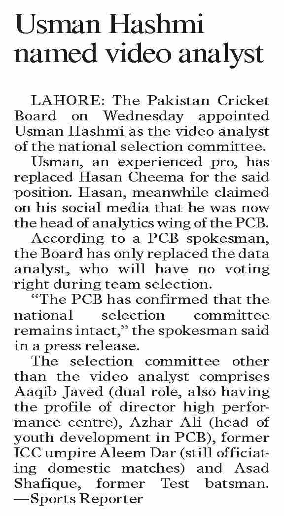 Dawn-ePaper | Jun 12, 2025 | Usman Hashmi named video analyst
