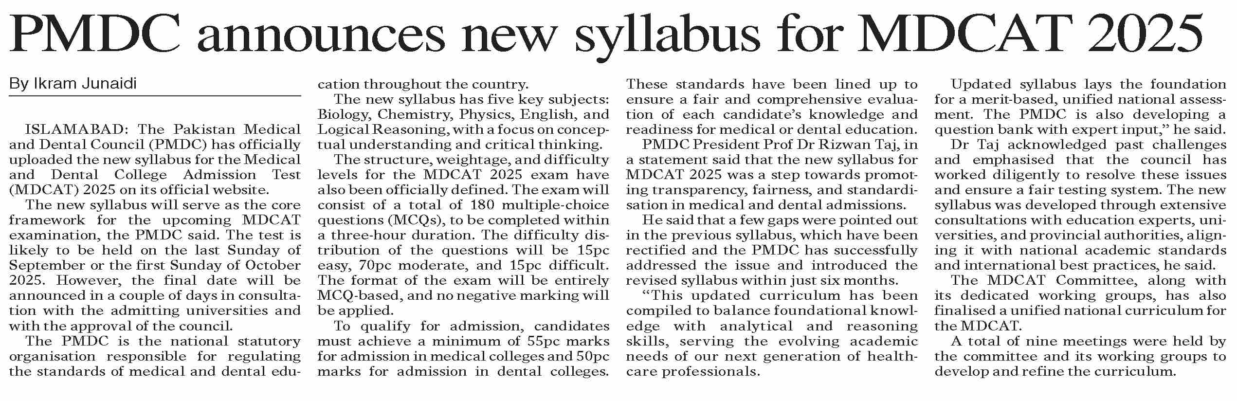 Dawn-ePaper | Jun 13, 2025 | PMDC announces new syllabus for MDCAT 2025