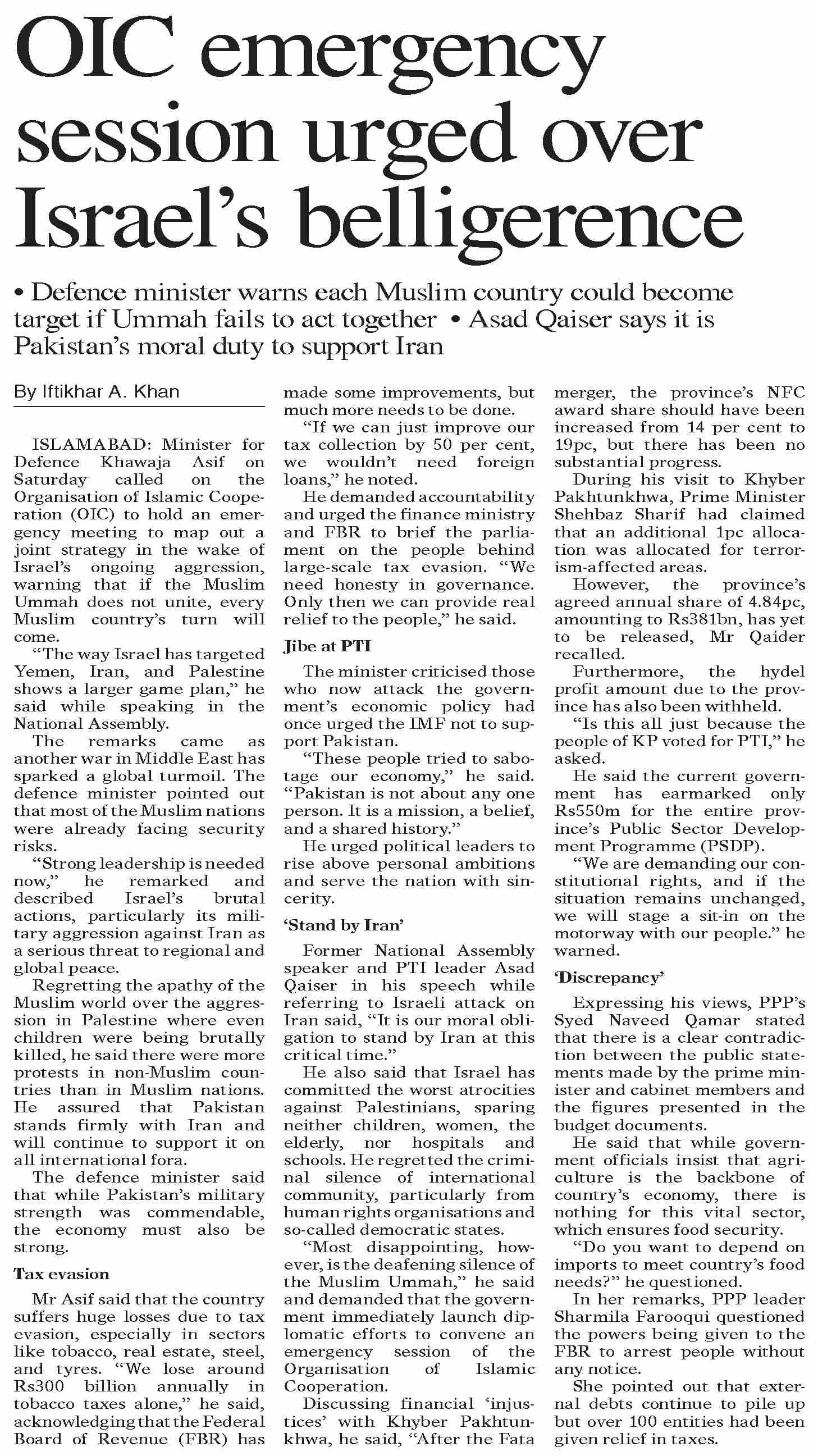 Dawn-ePaper | Jun 15, 2025 | OIC emergency session urged over Israel`s ...