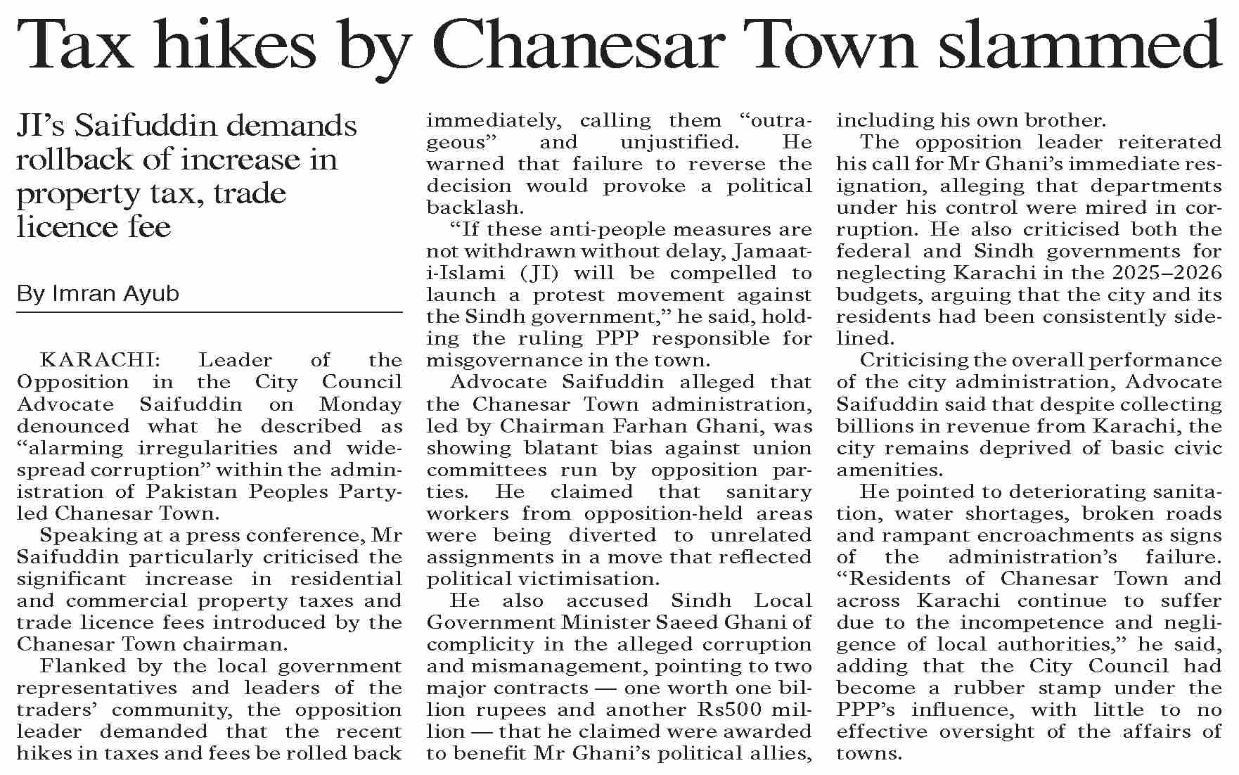 Dawn-ePaper | Jun 17, 2025 | Tax hikes by Chanesar Town slammed
