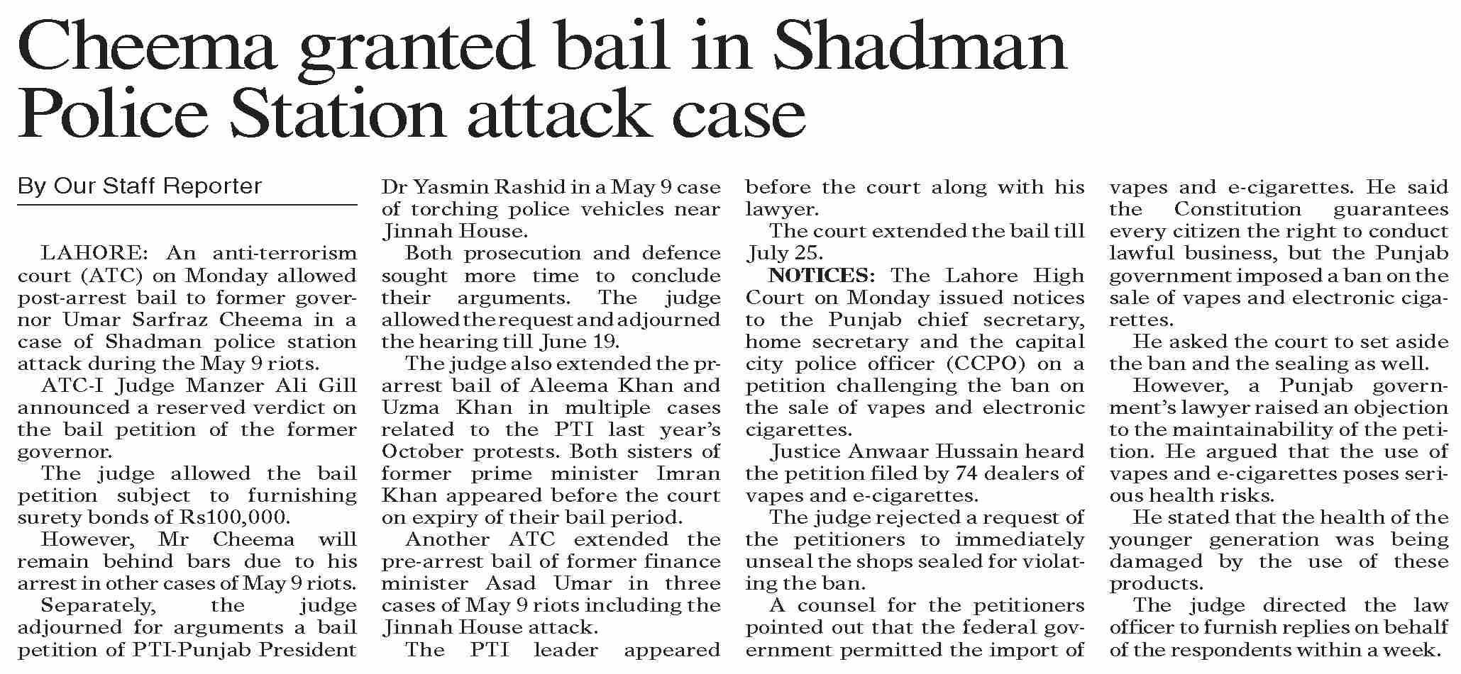 Dawn-ePaper | Jun 17, 2025 | Cheema granted bail in Shadman Police Station attack case