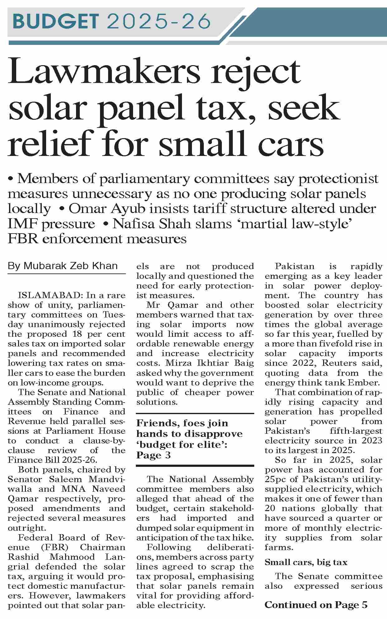 Dawn-ePaper | Jun 18, 2025 | BUDGET 2025-26 / Lawmakers reject solar ...