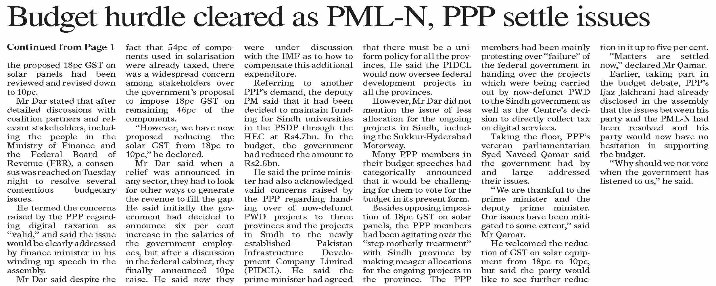 Dawn-ePaper | Jun 19, 2025 | Budget hurdle cleared as PML-N, PPP settle ...