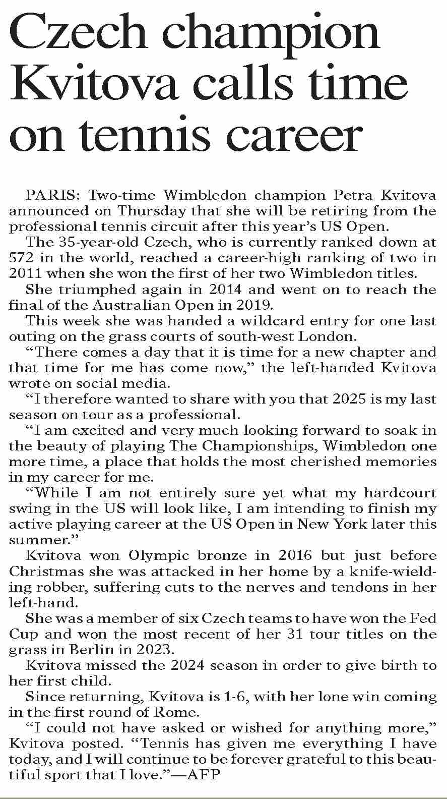 Dawn-ePaper | Jun 20, 2025 | Czech champion Kvitova calls time on ...