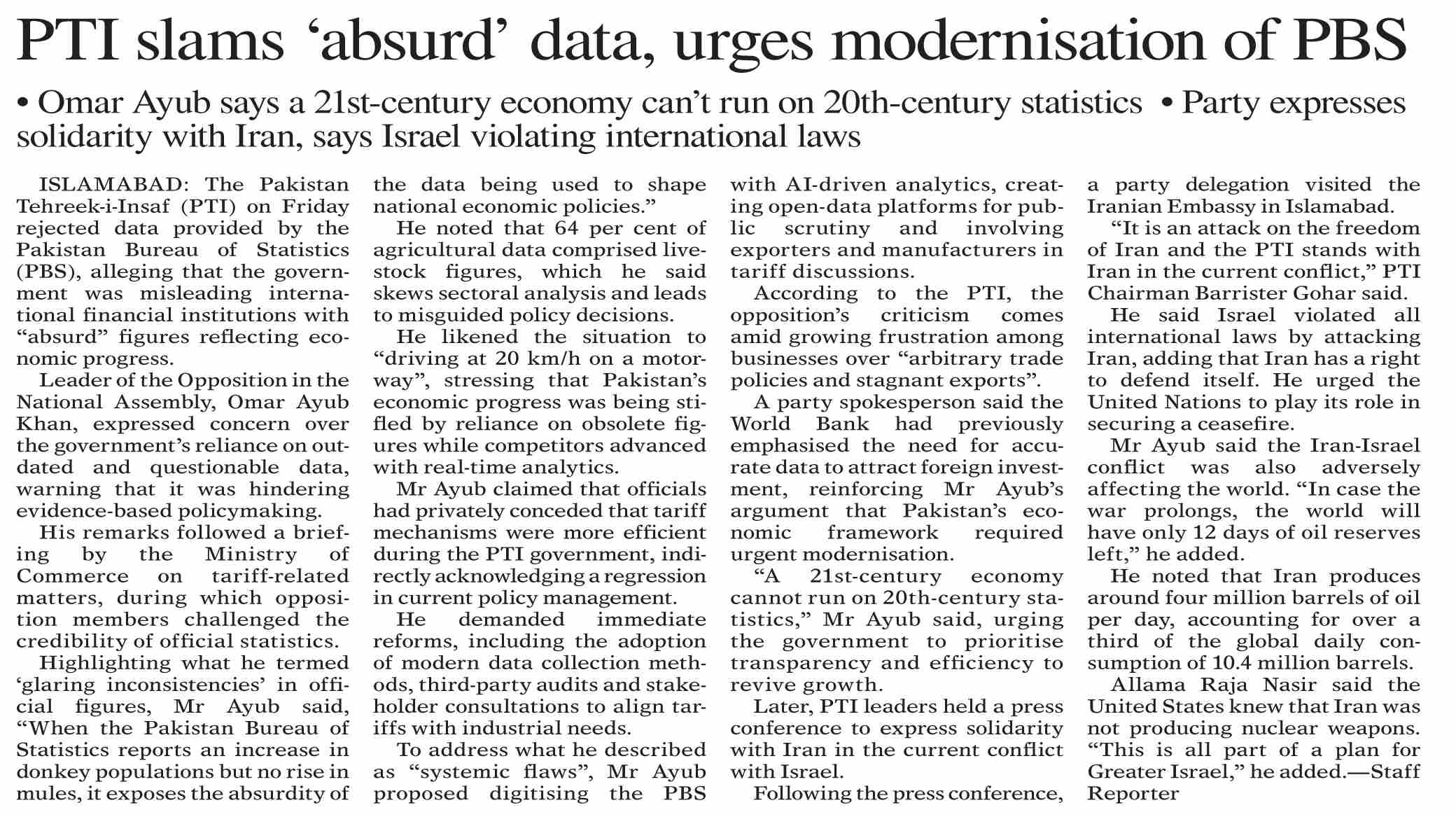 Dawn-ePaper | Jun 21, 2025 | PTI slams `absurd` data, urges modernisation of PBS