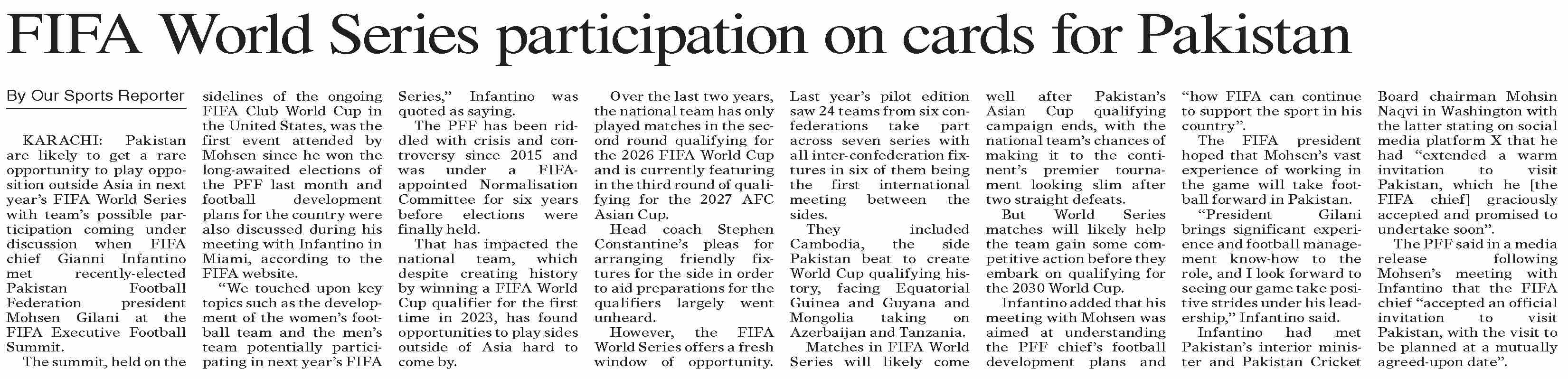 Dawn-ePaper | Jun 22, 2025 | FIFA World Series participation on cards ...