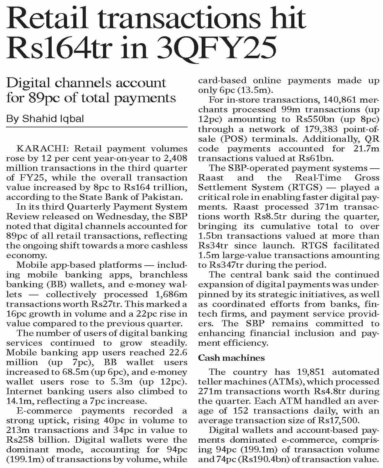 Dawn-ePaper | Jun 26, 2025 | Retail transactions hit Rs164tr in 3QFY25
