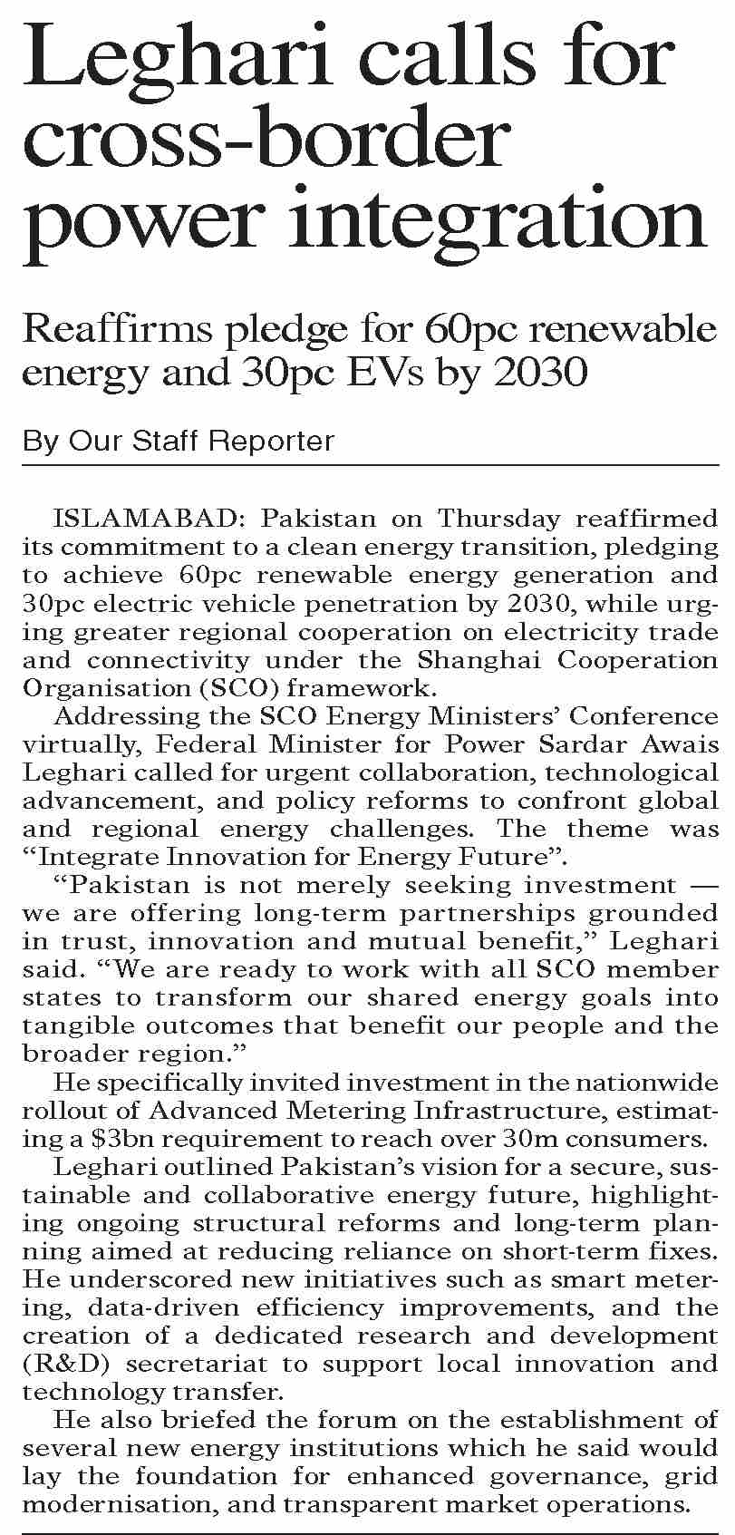 Dawn-ePaper | Jun 27, 2025 | Leghari calls for cross-border power ...