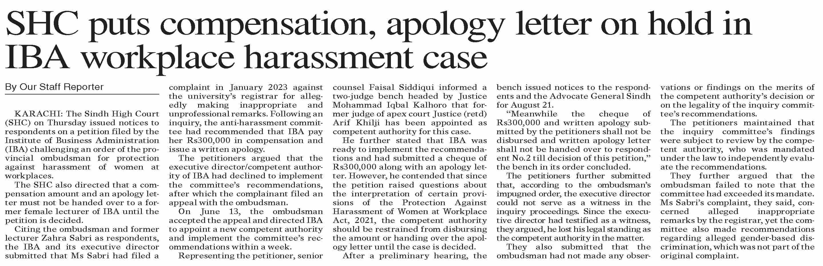Dawn-ePaper | Jun 27, 2025 | SHC puts compensation, apology letter on ...