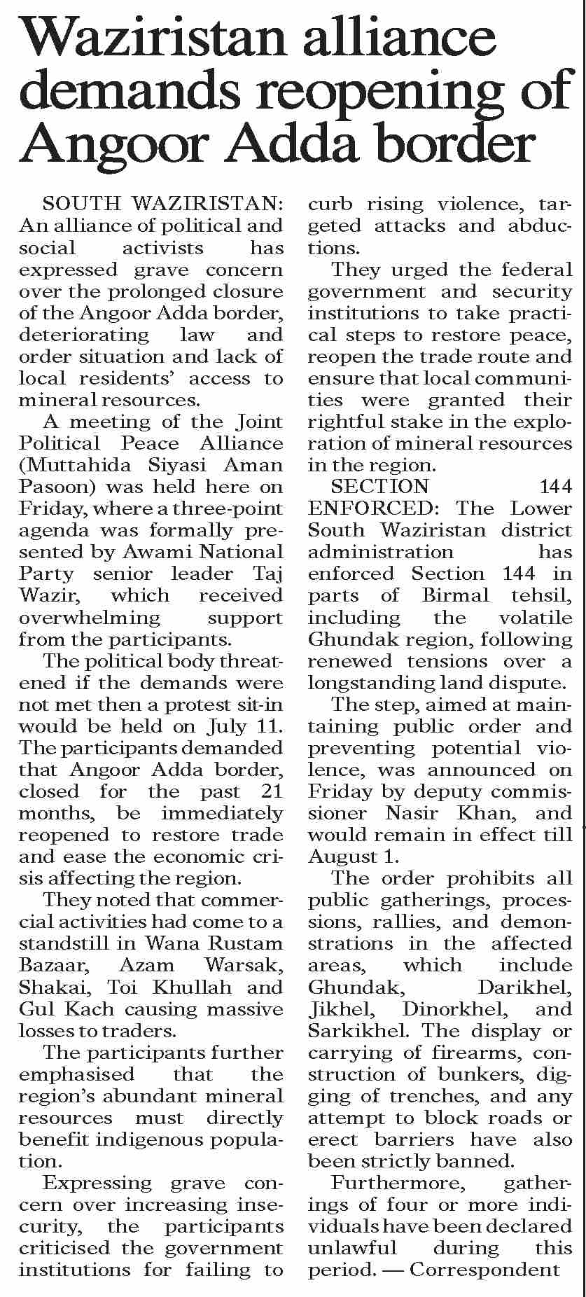 Dawn-ePaper | Jul 05, 2025 | Waziristan alliance demands reopening of ...