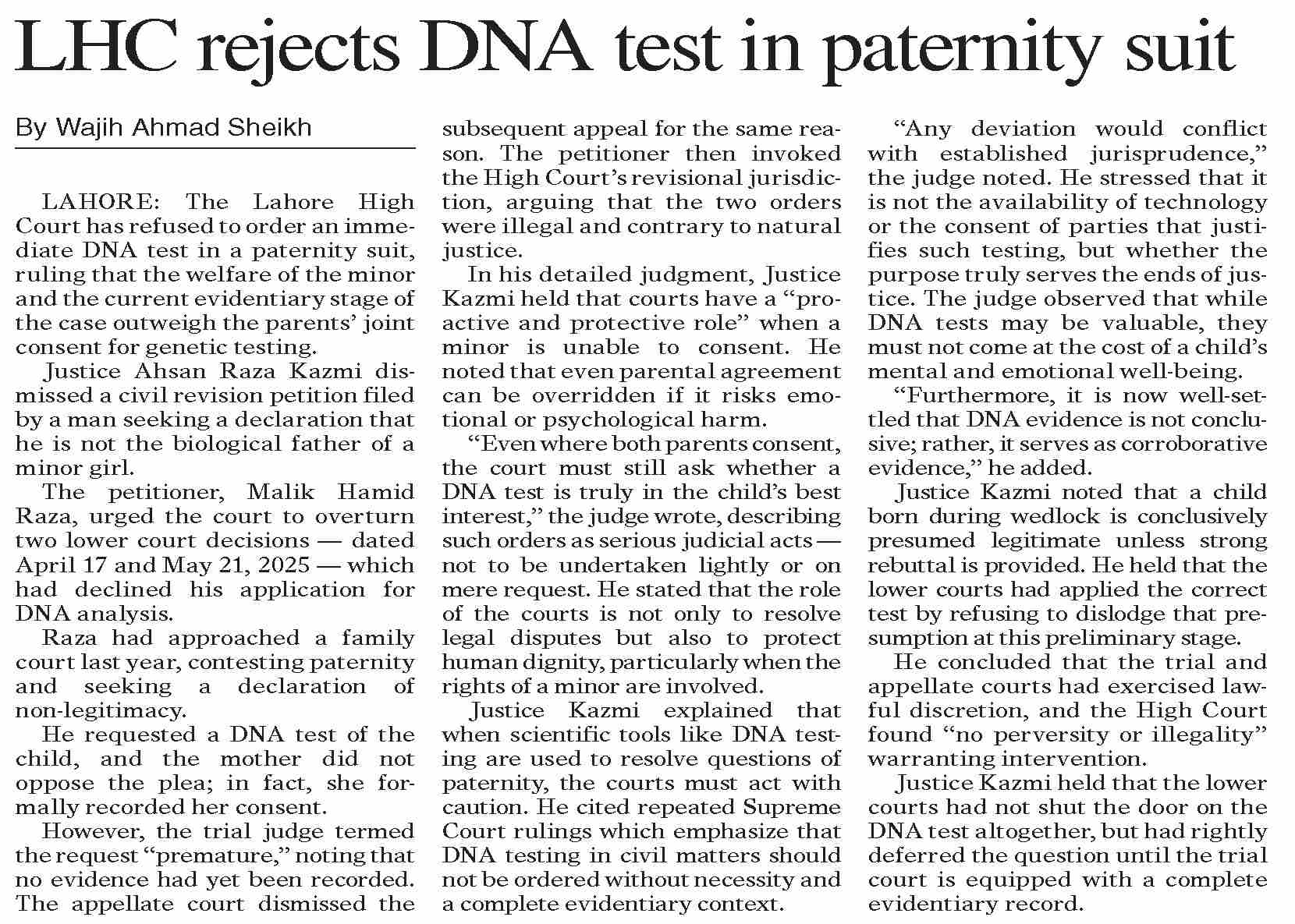 Dawn-ePaper | Jul 06, 2025 | LHC rejects DNA test in paternity suit