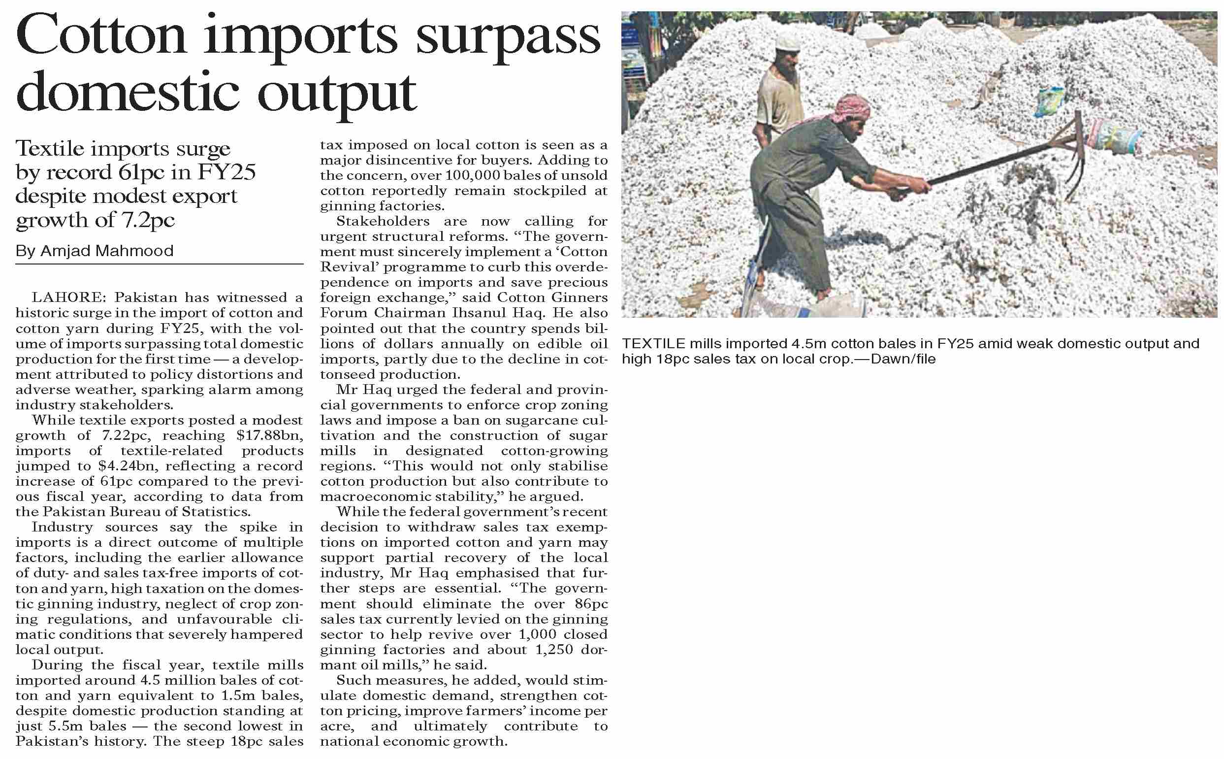 Dawn-ePaper | Jul 15, 2025 | Cotton imports surpass domestic output