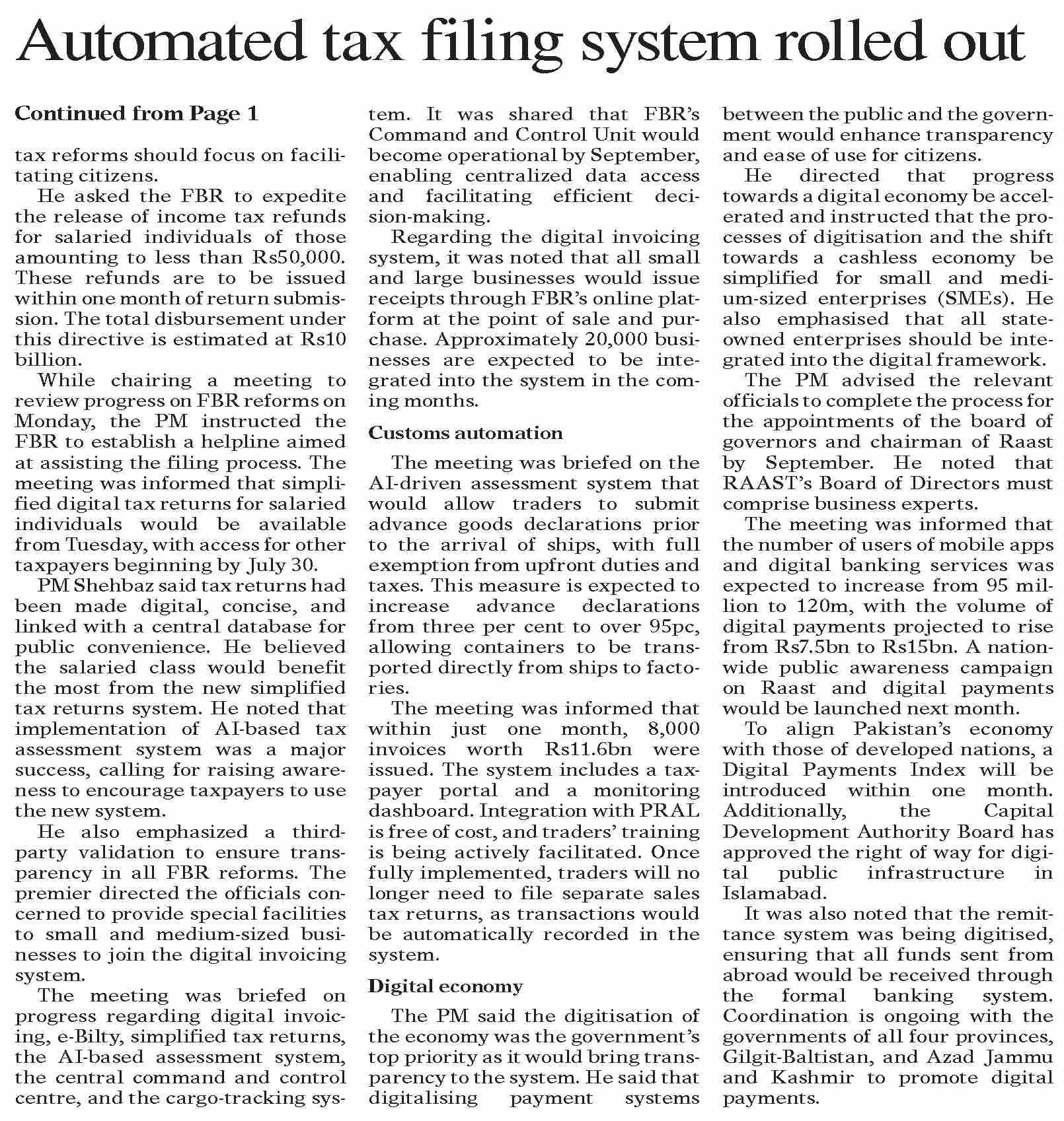 Dawn-ePaper | Jul 15, 2025 | Automated tax filing system rolled out for ...