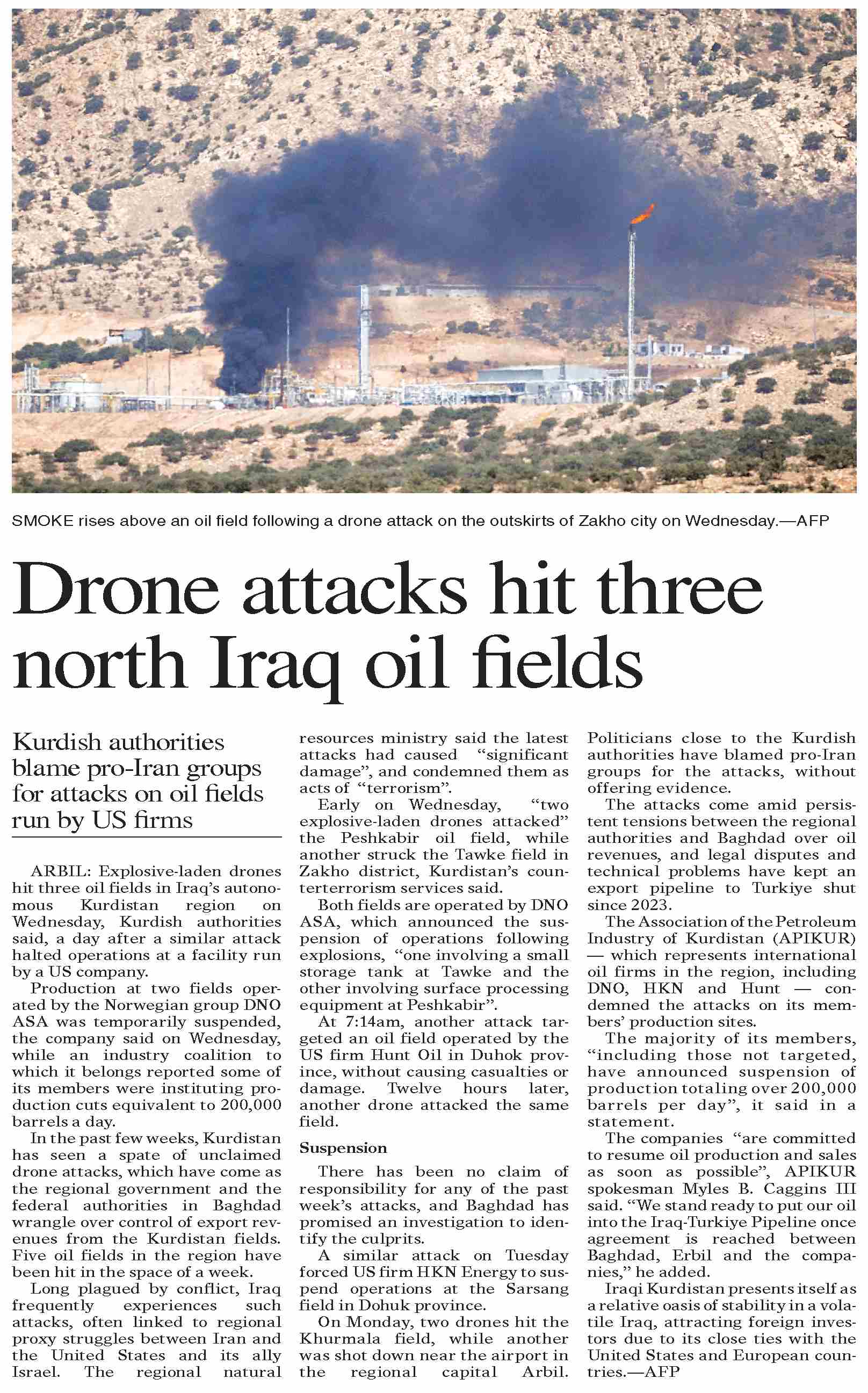 Dawn-ePaper | Jul 17, 2025 | Drone attacks hit three north Iraq oil fields