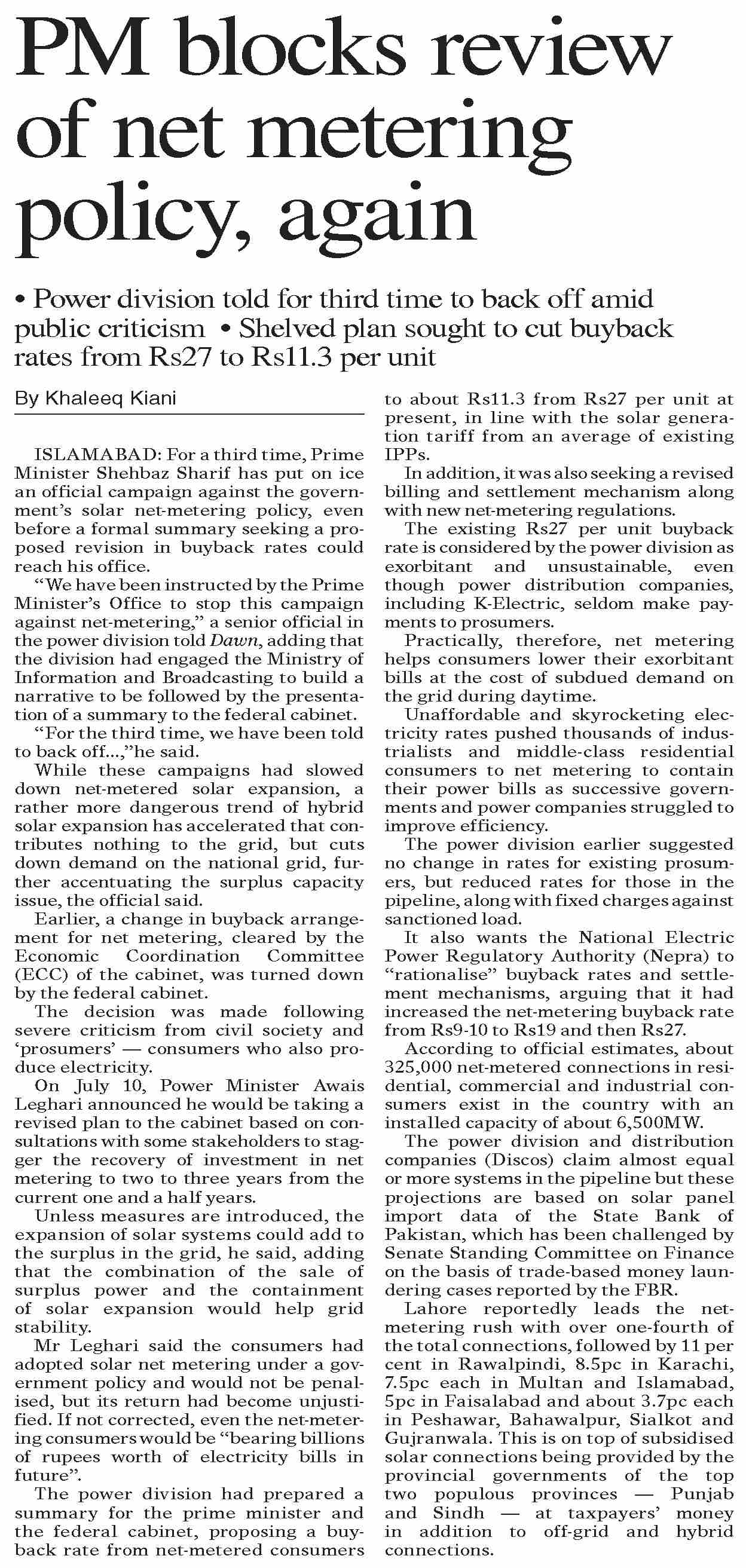 Dawn-ePaper | Jul 21, 2025 | PM blocks review of net metering policy, again