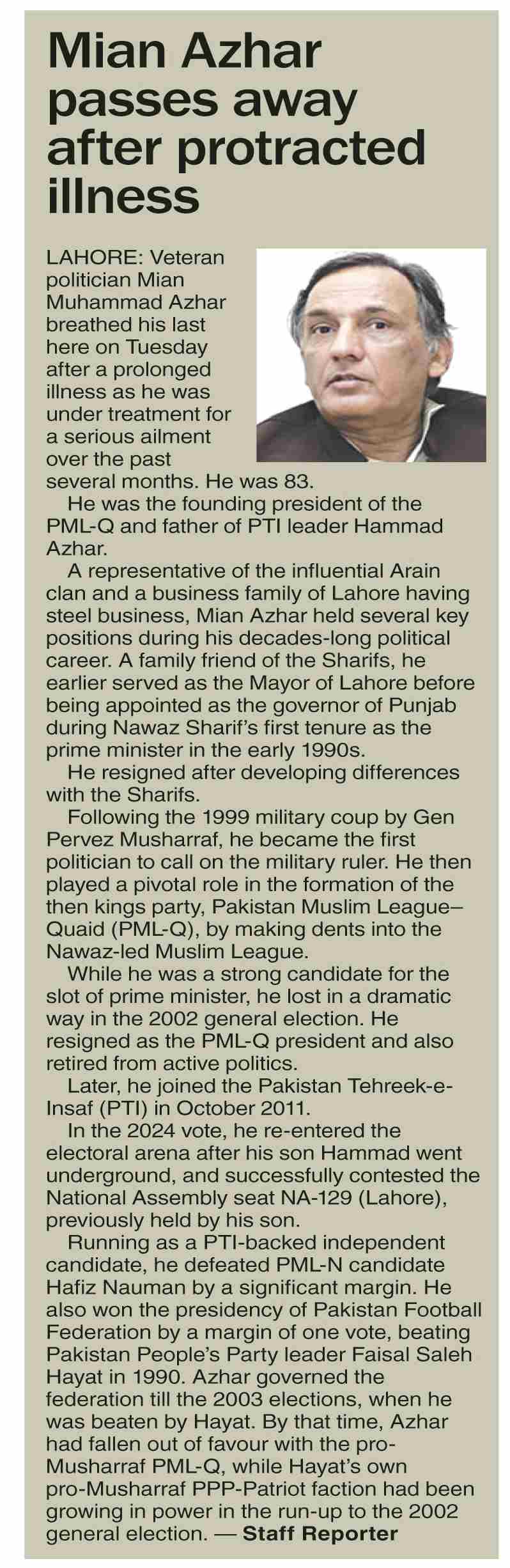 Dawn-ePaper | Jul 23, 2025 | Mian Azhar passes away after protracted ...