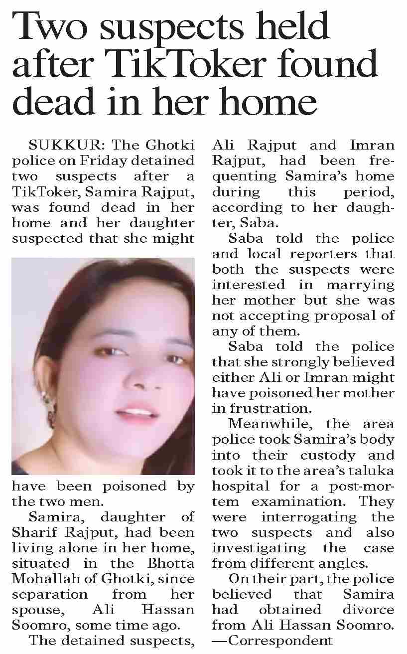 Dawn-ePaper | Jul 26, 2025 | Two suspects held after TikToker found dead in her home