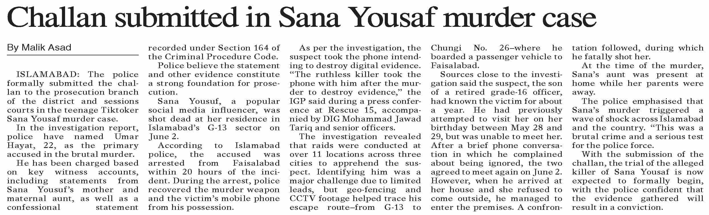 Dawn-ePaper | Jul 26, 2025 | Challan submitted in Sana Yousaf murder case