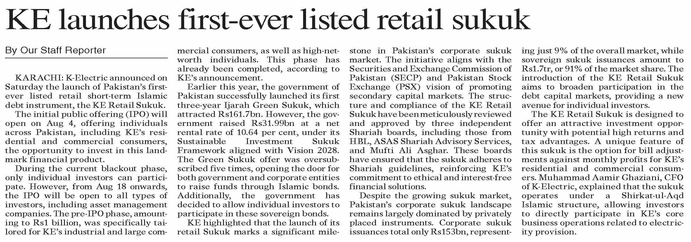 Dawn-ePaper | Aug 03, 2025 | KE launches first-ever listed retail sukuk
