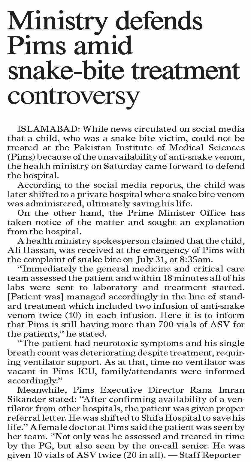 Dawn ePaper Aug 03 2025 Ministry Defends Pims Amid Snake bite dawn-epaper-aug-03-2025-ministry-defends-pims-amid-snake-bite
