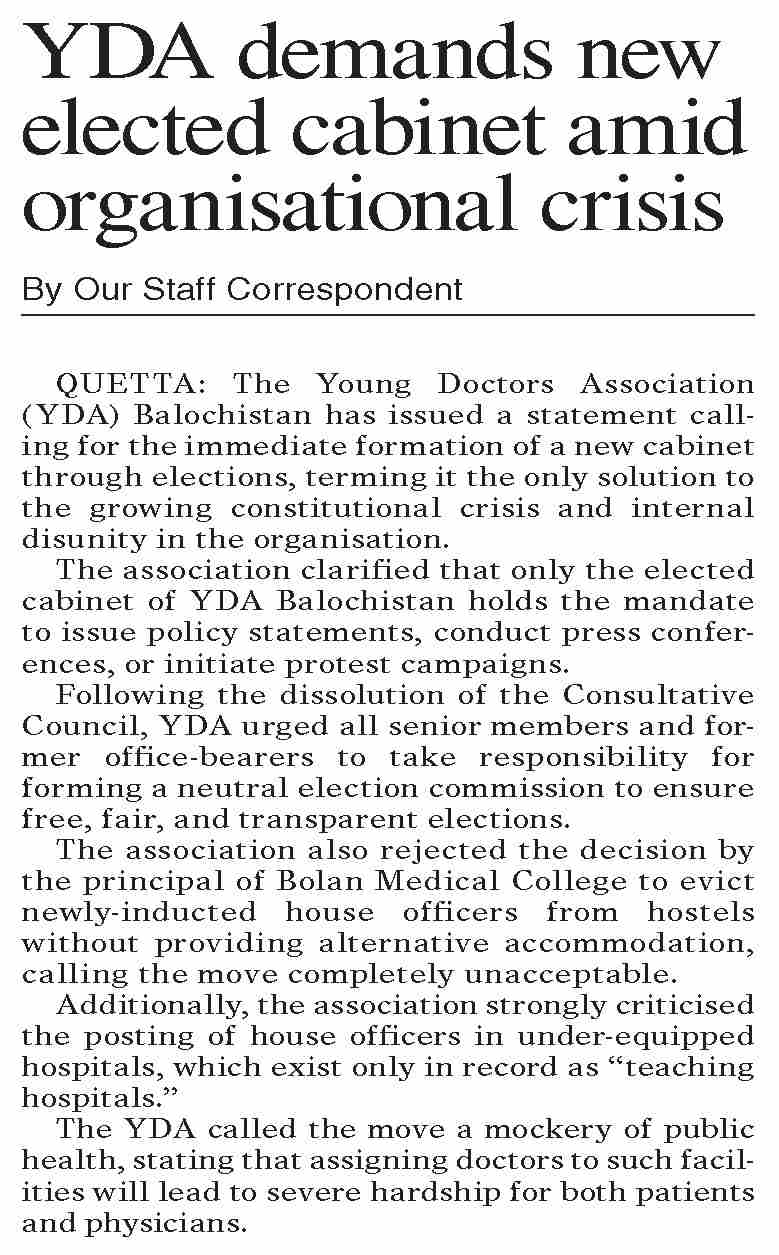 Dawn-ePaper | Aug 05, 2025 | YDA demands new elected cabinet amid organisational crisis