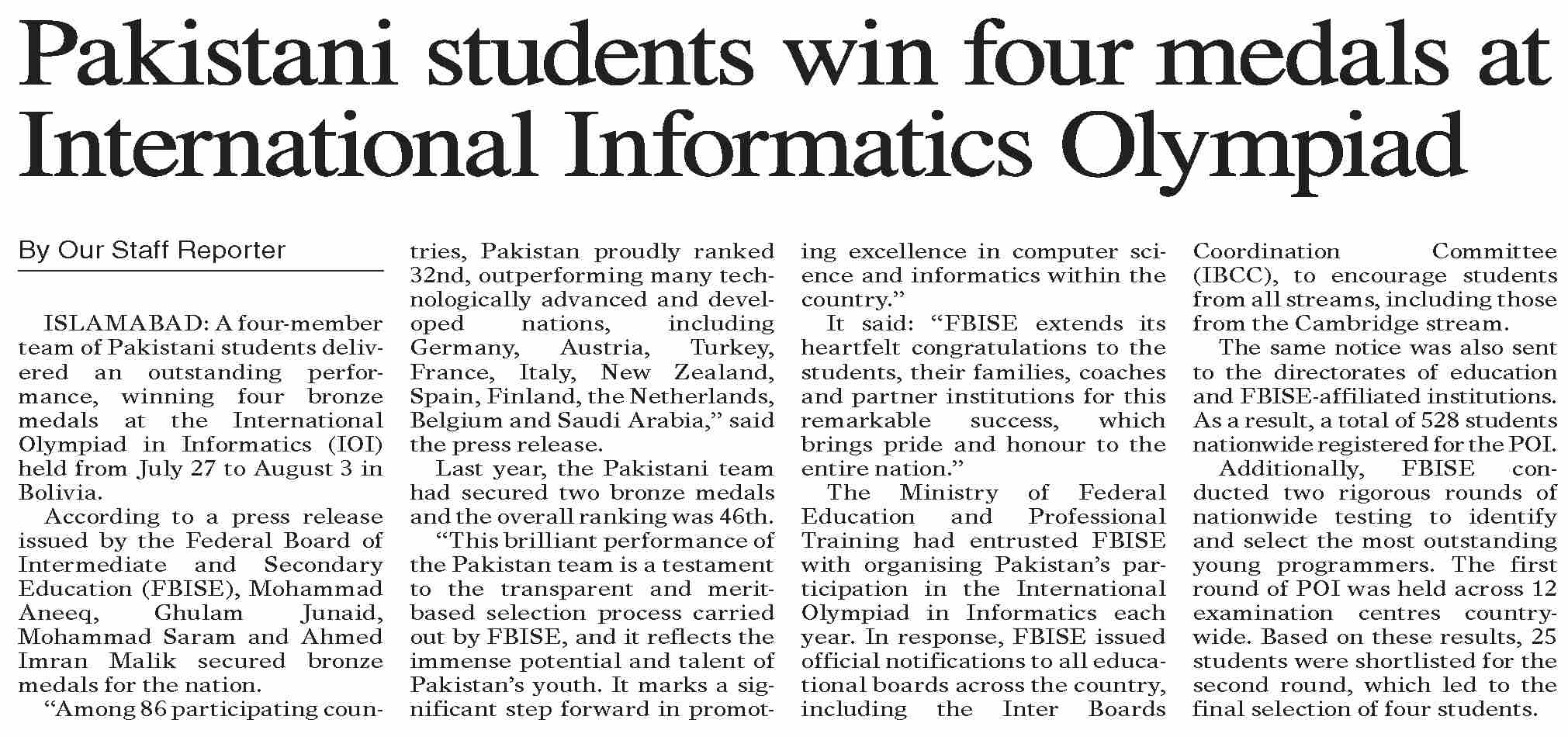 Dawn-ePaper | Aug 05, 2025 | Pakistani students win four medals at International Informatics ...