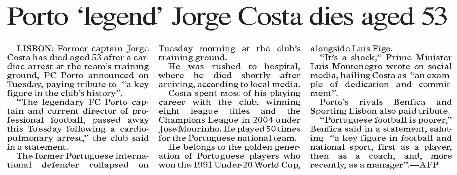 Dawn-ePaper | Aug 06, 2025 | Porto `legend` Jorge Costa dies aged 53