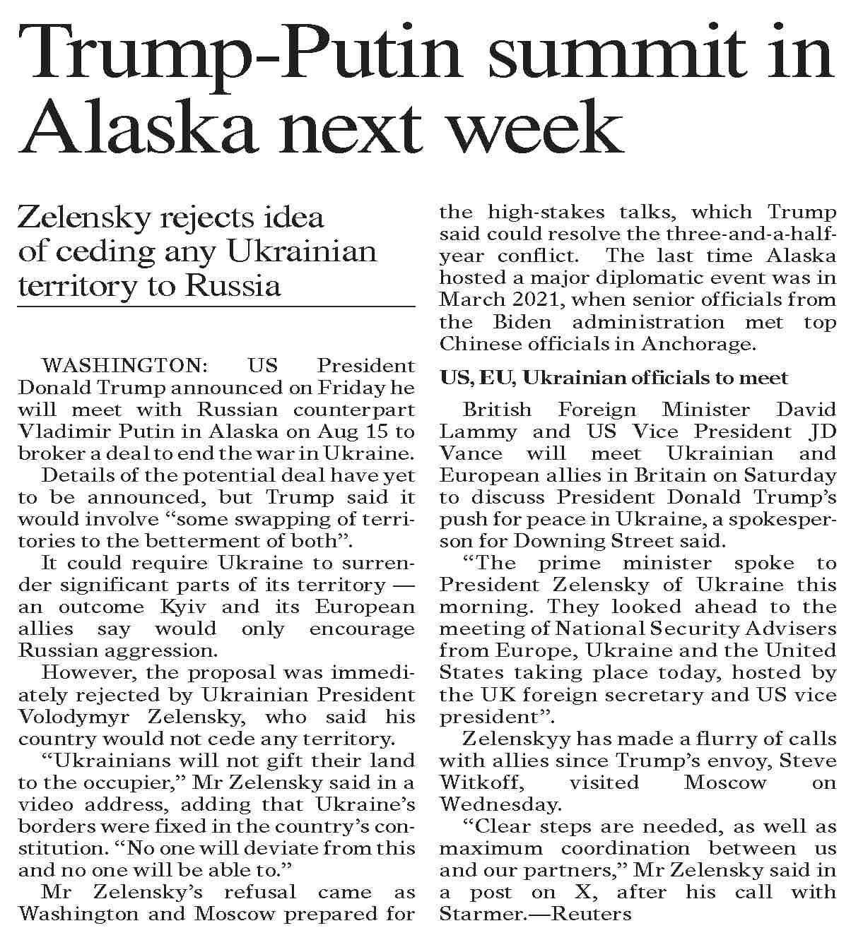 Dawn-ePaper | Aug 10, 2025 | Trump-Putin summit in Alaska next week