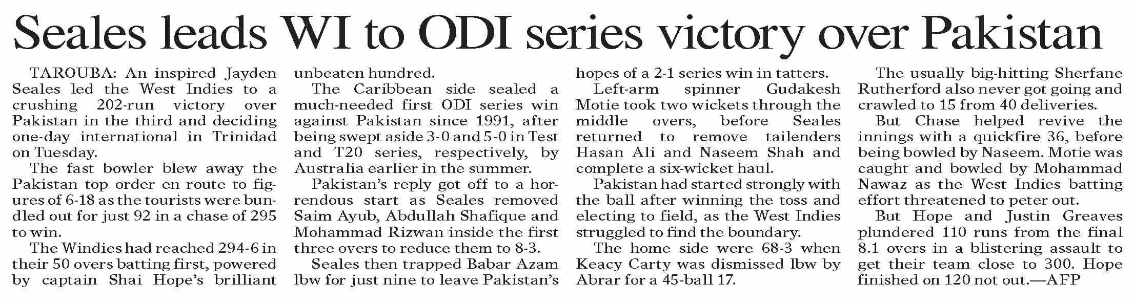 Dawn-ePaper | Aug 13, 2025 | Seales leads WI to ODI series victory over ...