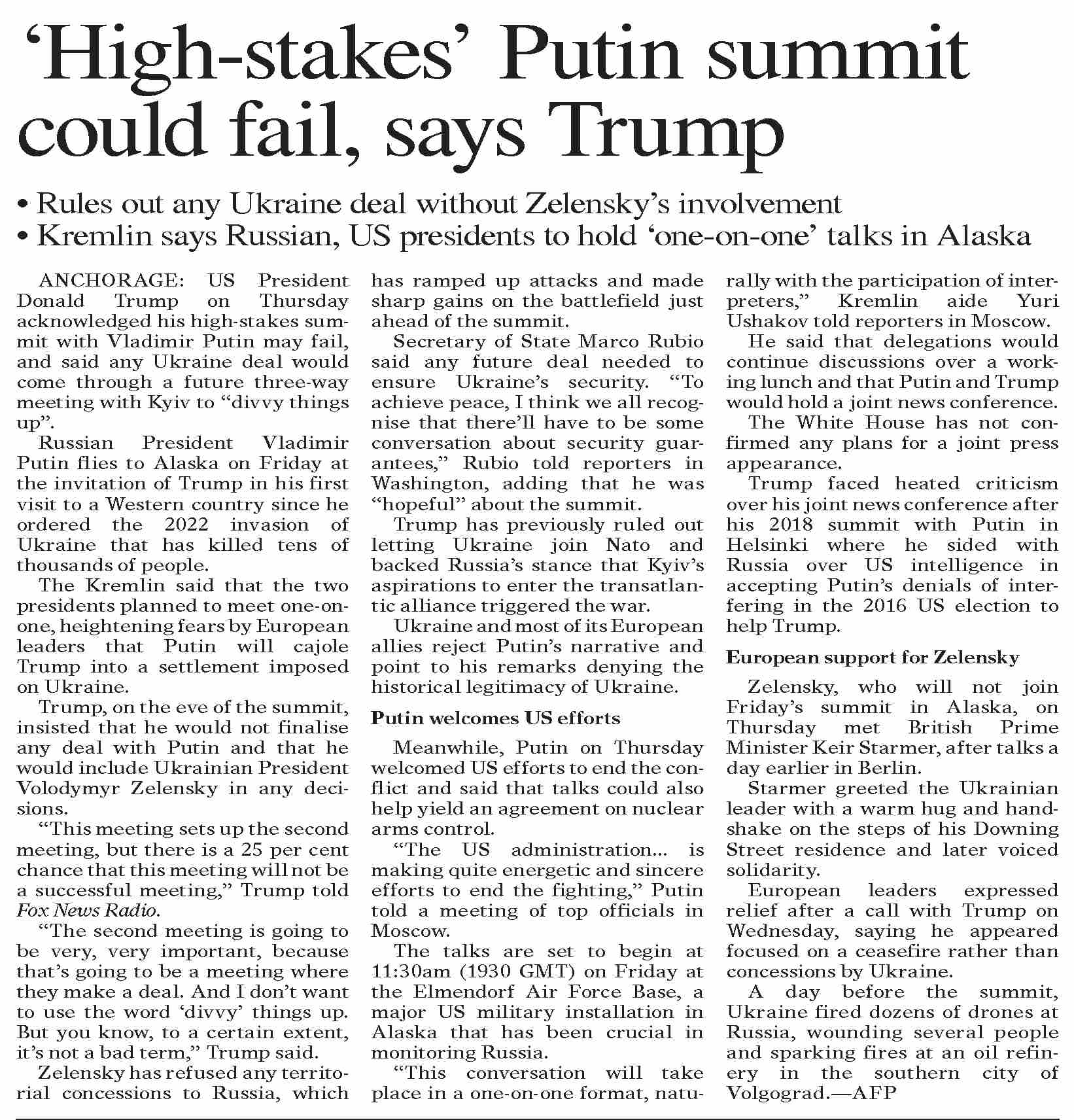 Dawn-ePaper | Aug 15, 2025 | `High-stakes` Putin summit could fail ...