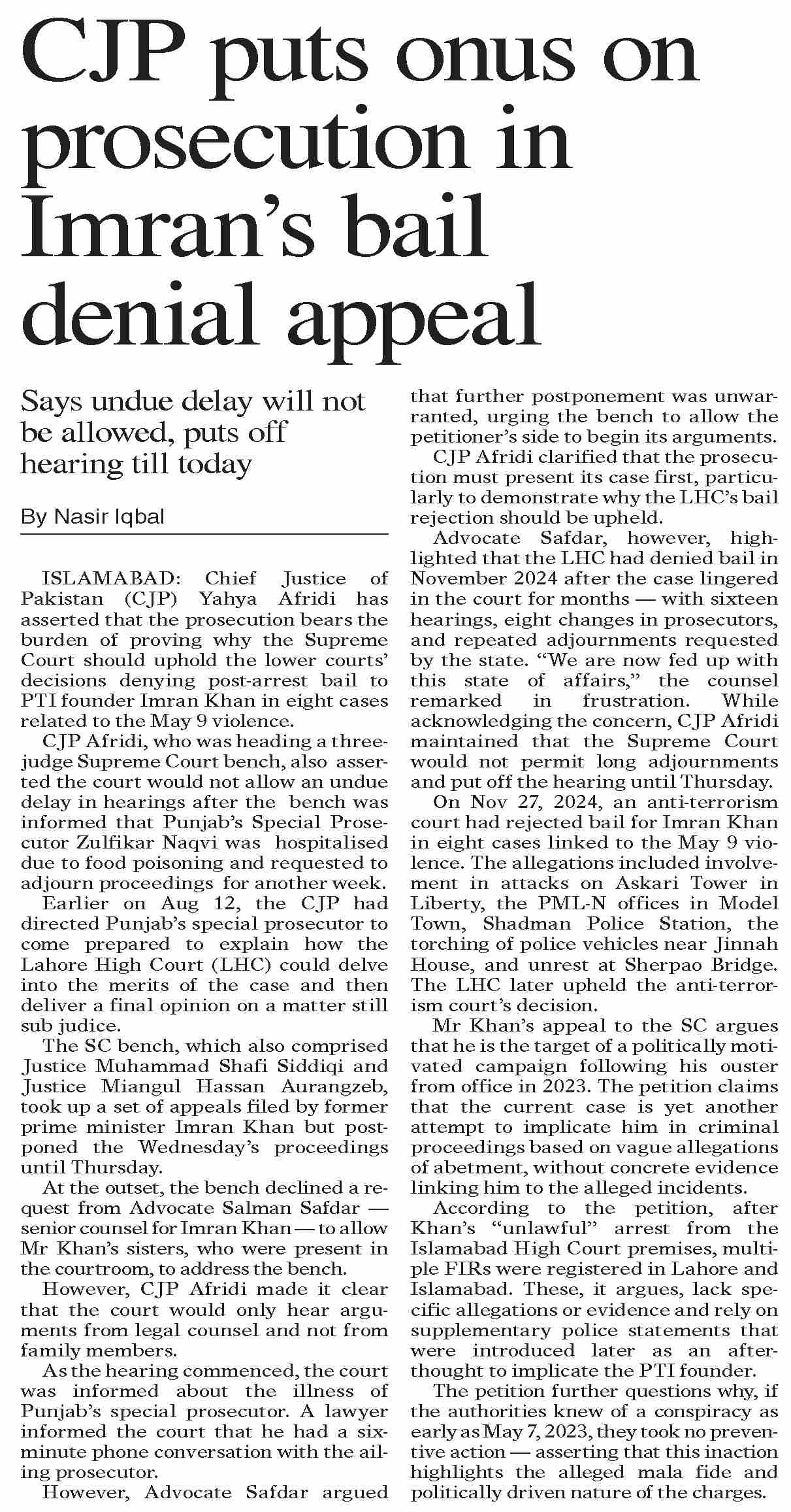 Dawn-ePaper | Aug 21, 2025 | CJP puts onus on prosecution in Imran`s ...