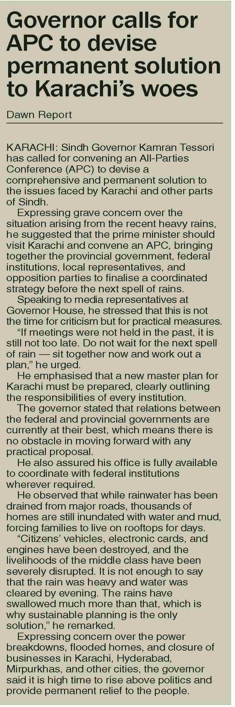 Dawn-ePaper | Aug 22, 2025 | Governor calls for APC to devise permanent solution to Karachi`s woes