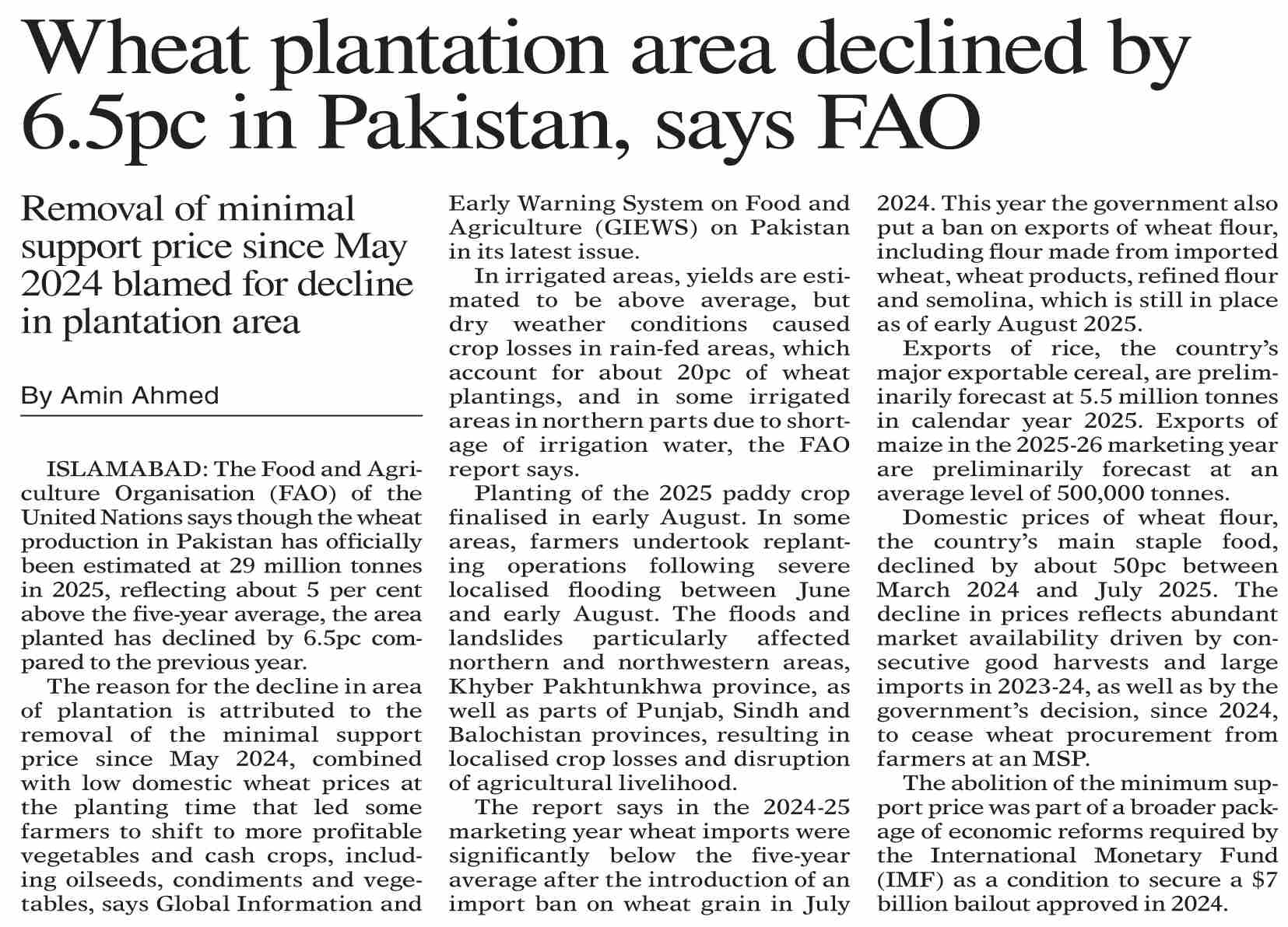 Dawn-ePaper | Sep 01, 2025 | Wheat plantation area declined by 6.5pc in ...