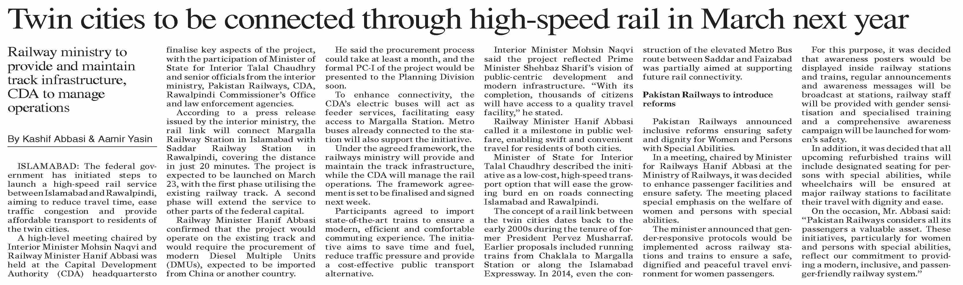 Dawn-ePaper | Sep 16, 2025 | Twin cities to be connected through high ...
